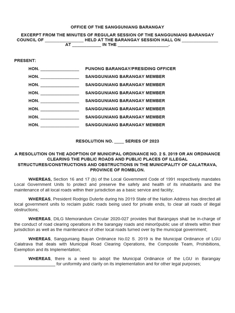 Resolution On Adoption of Road Clearing Ordinance | PDF | Philippines ...