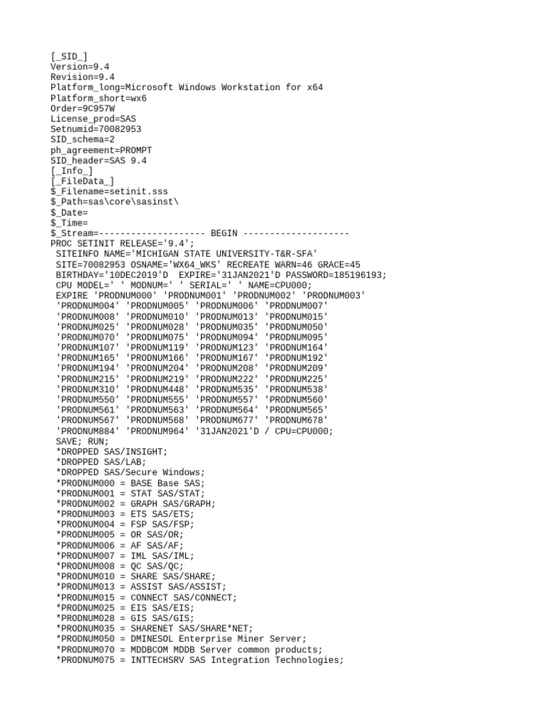 SAS 9.4 License Details for MSU | PDF | Sas (Software) | Computing