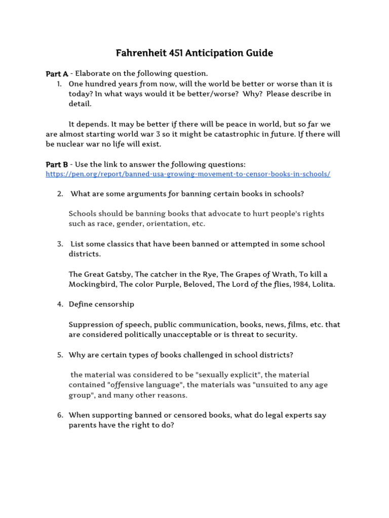 Fahrenheit 451 Anticipation Guide | PDF | Science Fiction | Communism