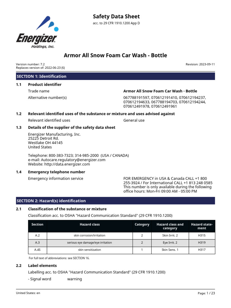 SDS_Armor_All_Snow_Foam_Car_Wash_Bottle_US_en_2023_09_11 | PDF ...
