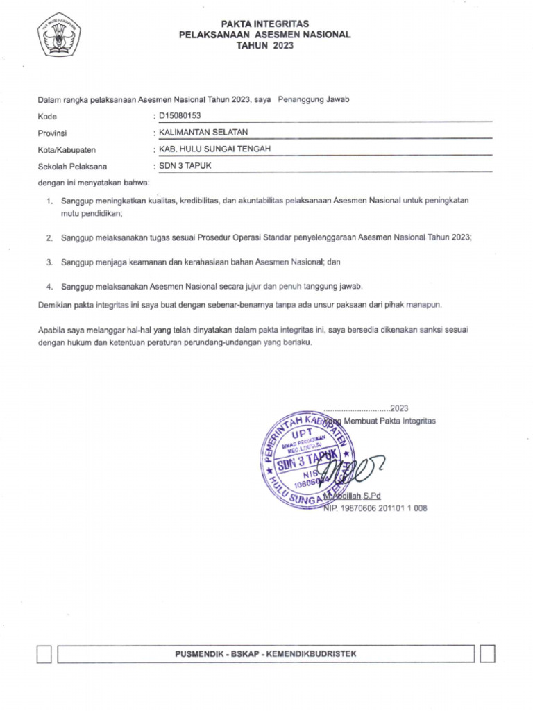 Fakta Integritas Simulasi Anbk Awal | PDF