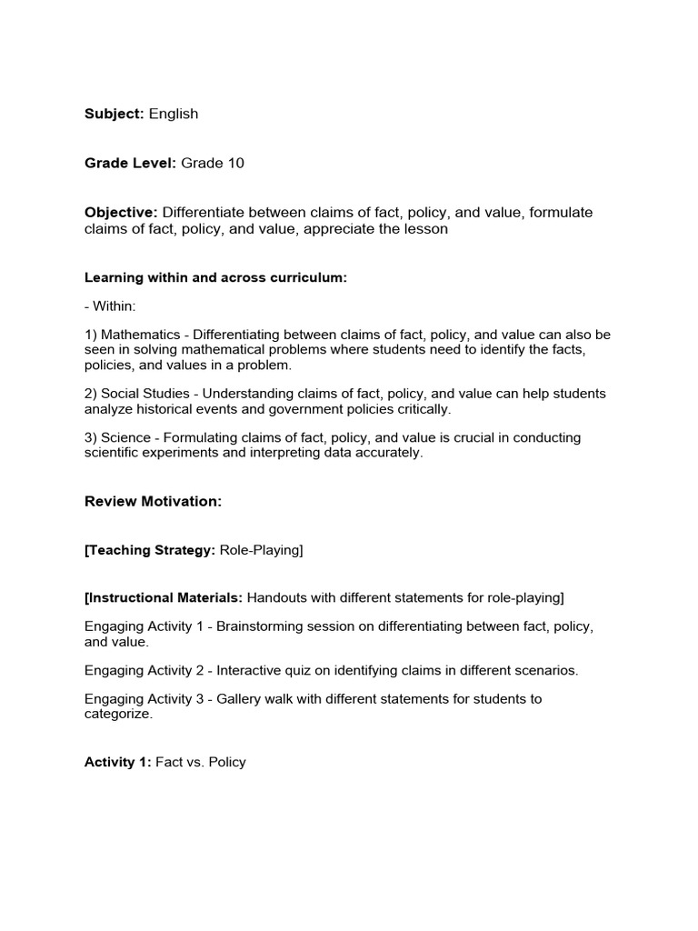 Lesson Plan | PDF | Critical Thinking | Policy