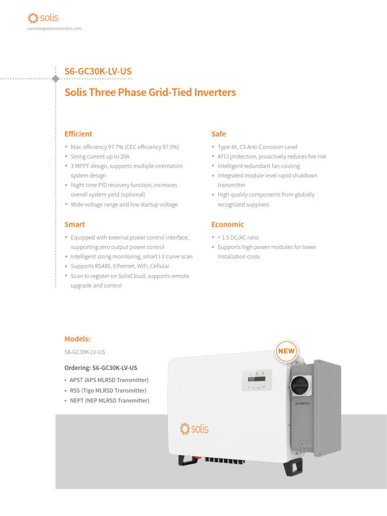 Solis Datasheet S6-GC30K-LV-US USA | PDF | Electrical Engineering | Electricity