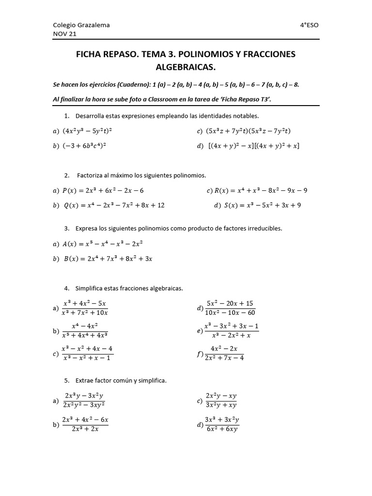 Ficha Repaso Tema 3 (4eso) | PDF | Factorización | Álgebra