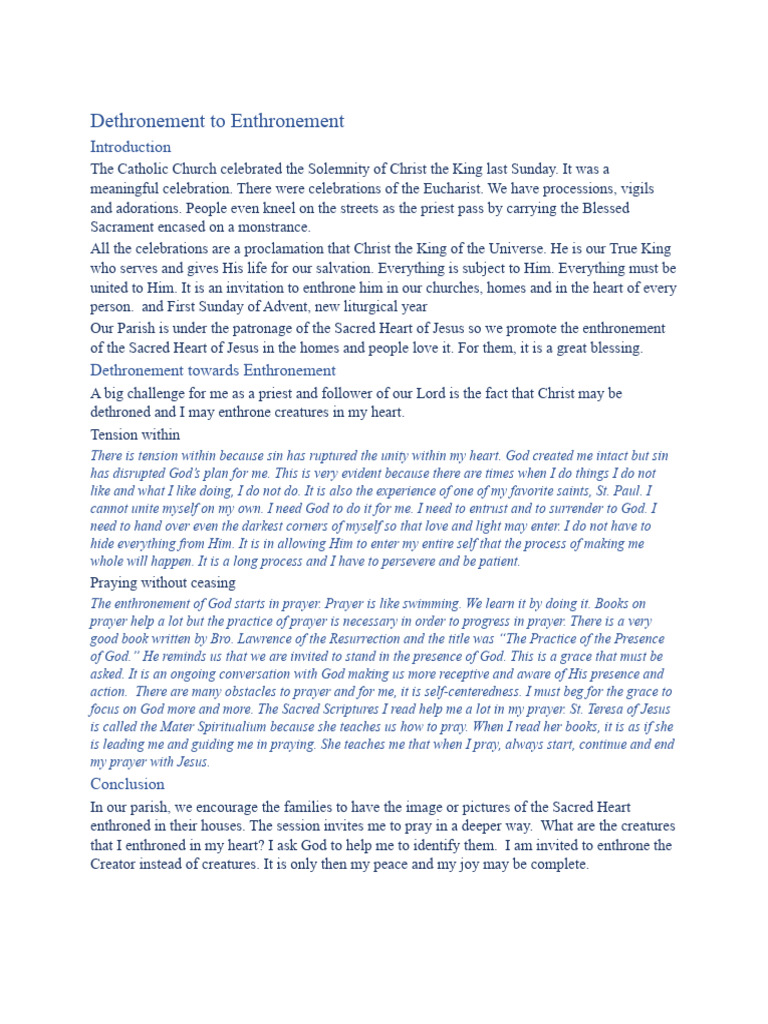 3 Dethronment To Enthronement | PDF | Prayer | Eucharist