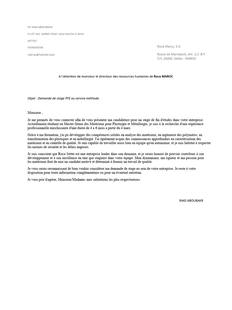 Demande de stage PFE chez Roca Maroc | PDF