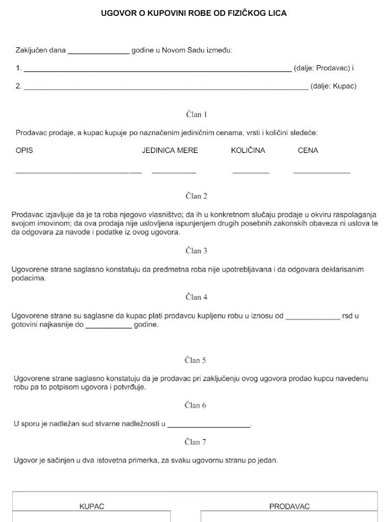 Ugovor o Kupoprodaji Sve | PDF