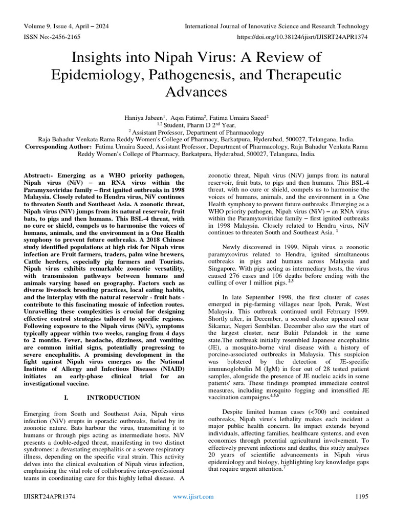Insights Into Nipah Virus: A Review of Epidemiology, Pathogenesis, and ...