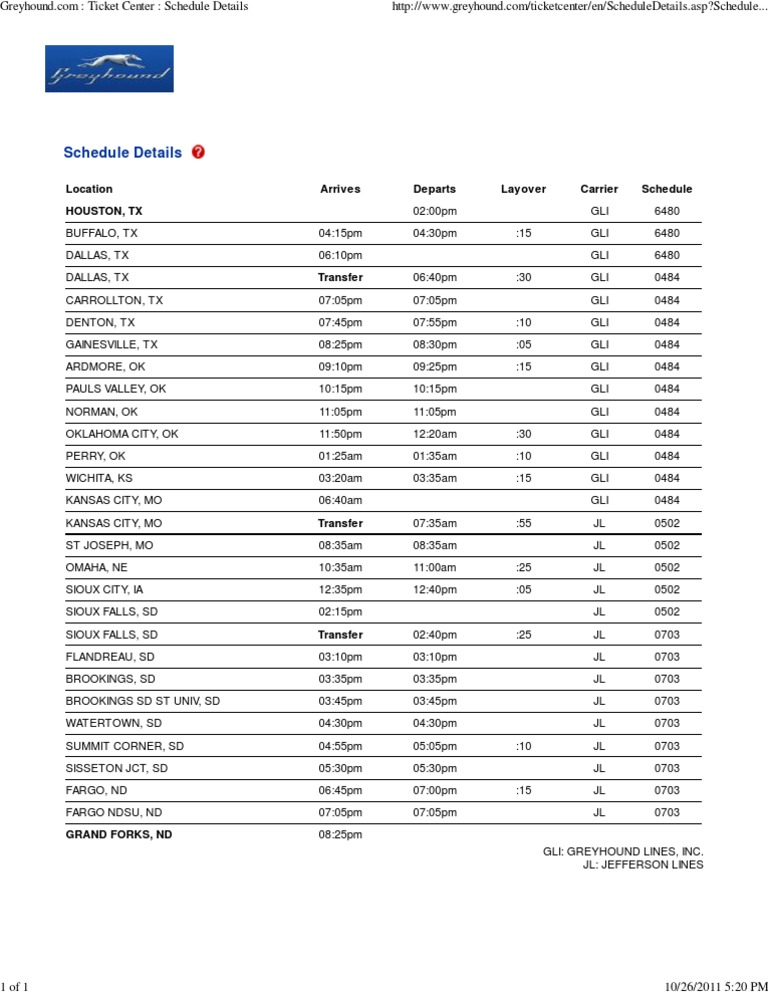 Greyhound and Jefferson Lines Schedule | PDF