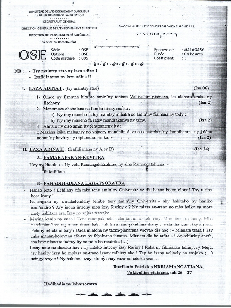 Malagasy Série OSE 2023 | PDF