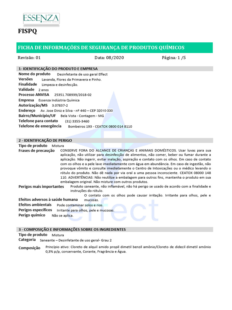 FISPQ: Desinfetante Não Inflamável | PDF | Embalagem e rotulagem ...