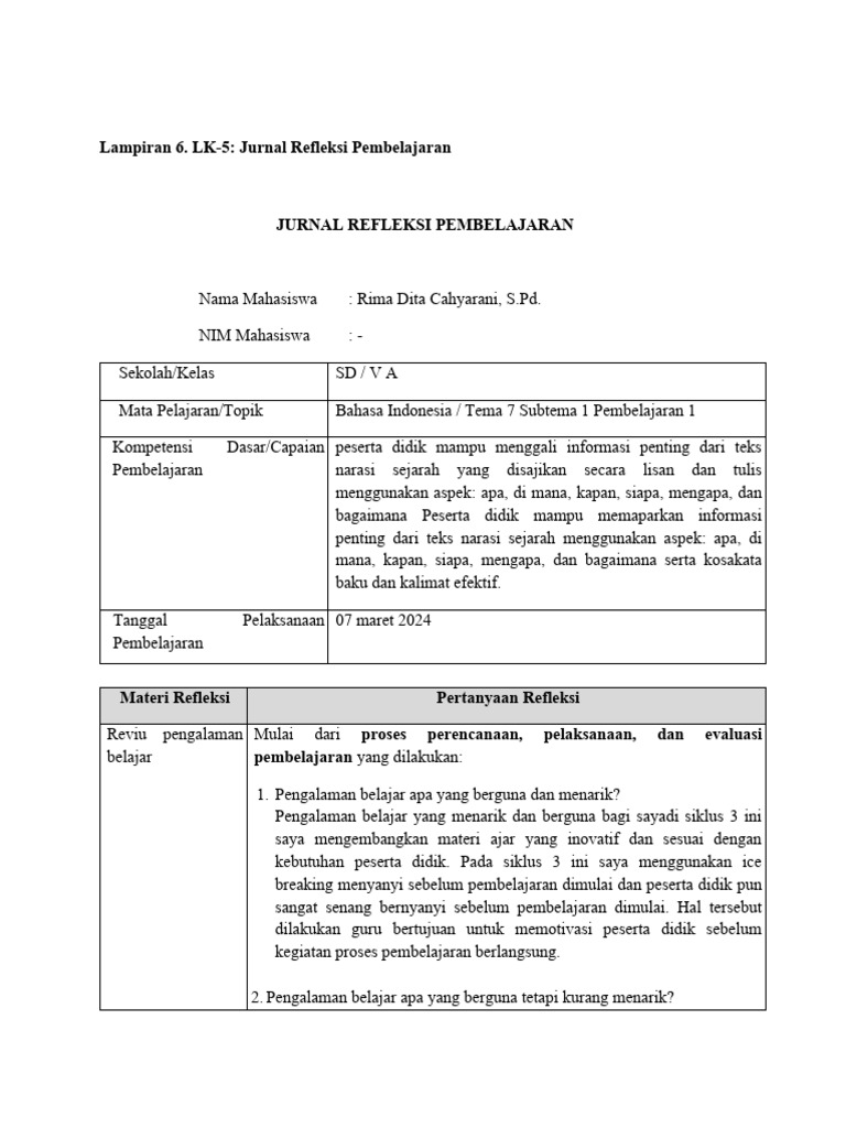 LK 5 - Refleksi Terhadap Pembelajaran - Siklus 3 | PDF | Karier & Perkembangan