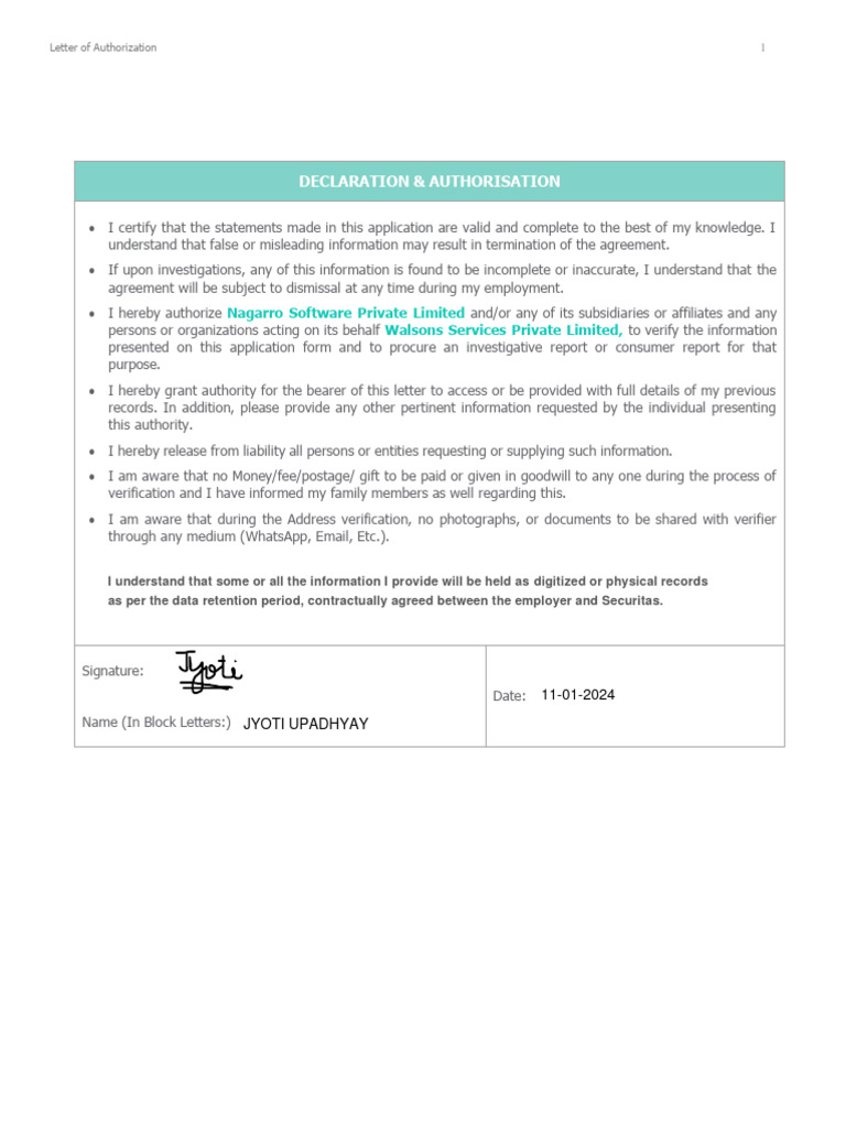 Declaration & Authorisation: Nagarro Software Private Limited Walsons Services Private Limited | PDF