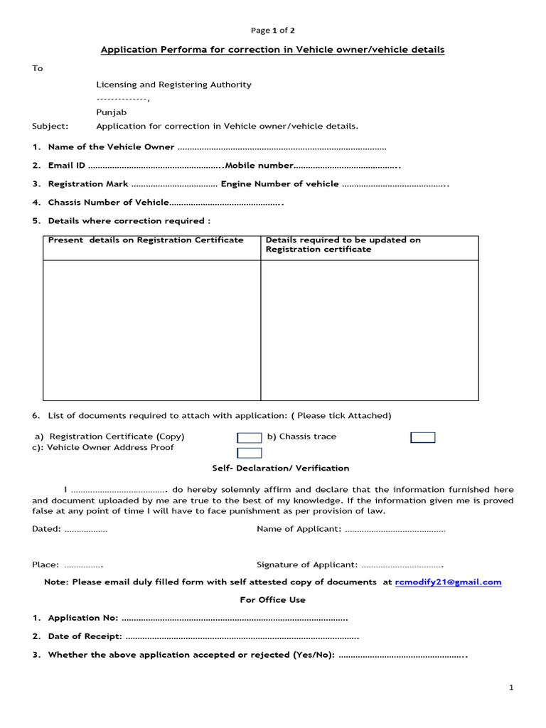 Application Performa For Correction in Vehicle Owner-Vehicle Details ...