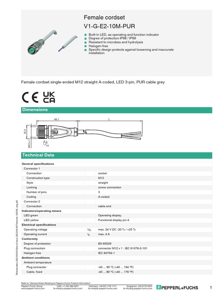 Female Cordset V1-G-E2-10M-PUR: Dimensions | PDF | Electrical ...