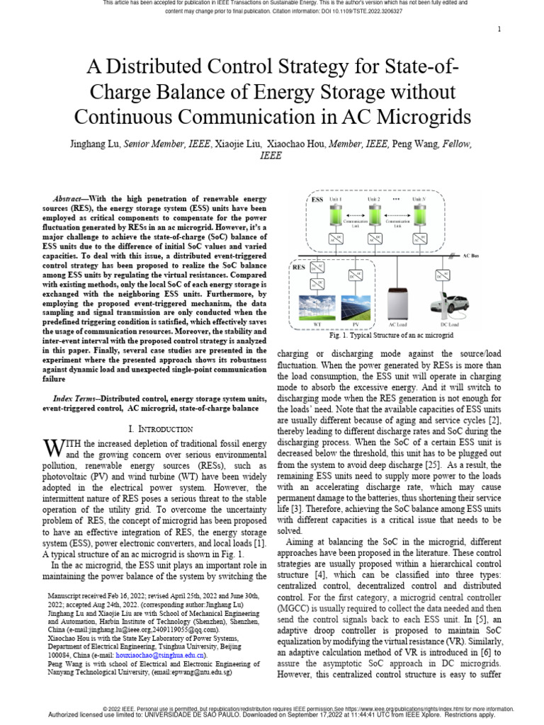 A Distributed Control Strategy For State-of-Charge Balance of Energy Storage Without Continuous ...