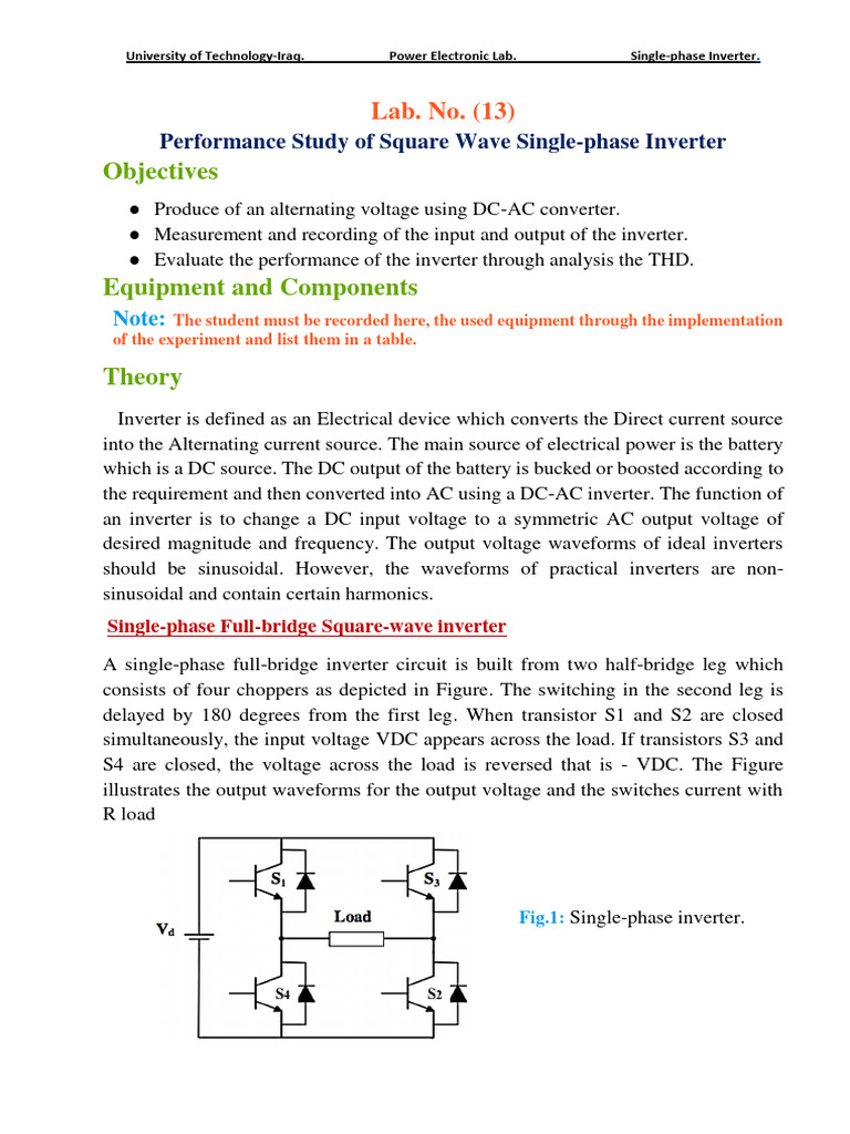 Lab - 13 - Performance Study of Single-Phase Inverter | PDF | Power Inverter | Power Electronics