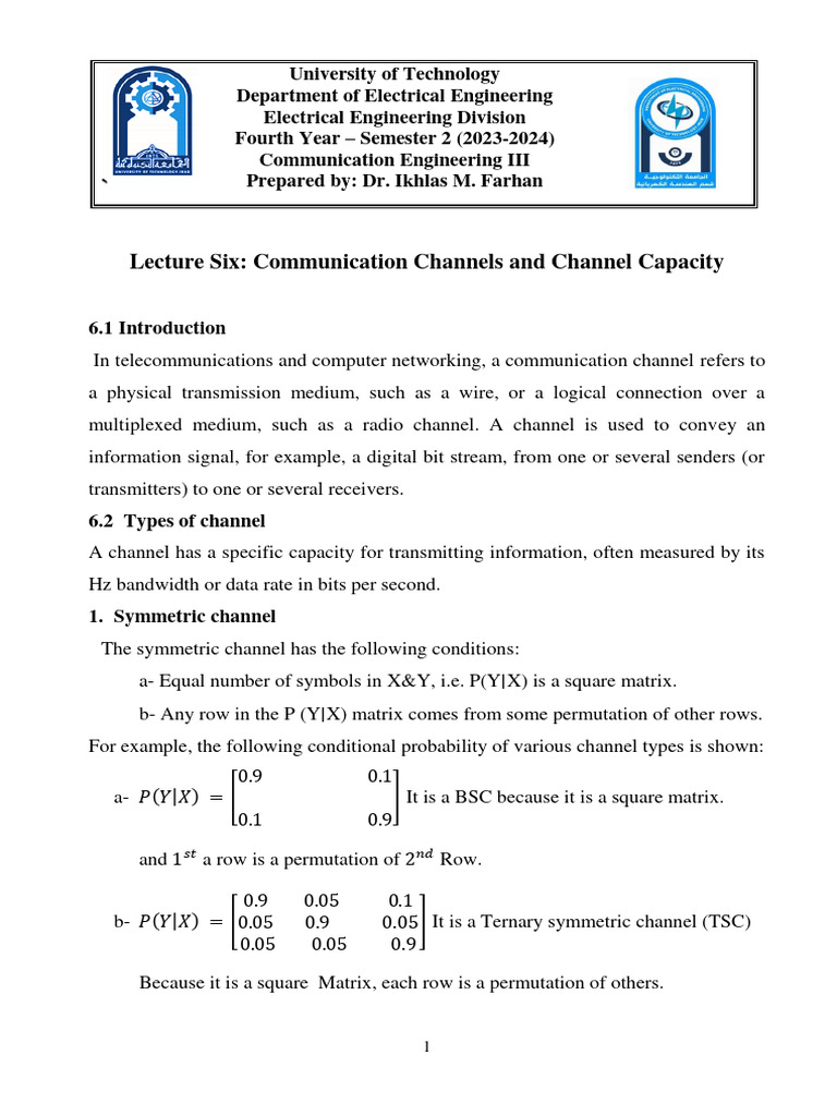 Lecture 6_ Communication Channels and Channel Capacity | PDF | Signal To Noise Ratio | Bandwidth ...