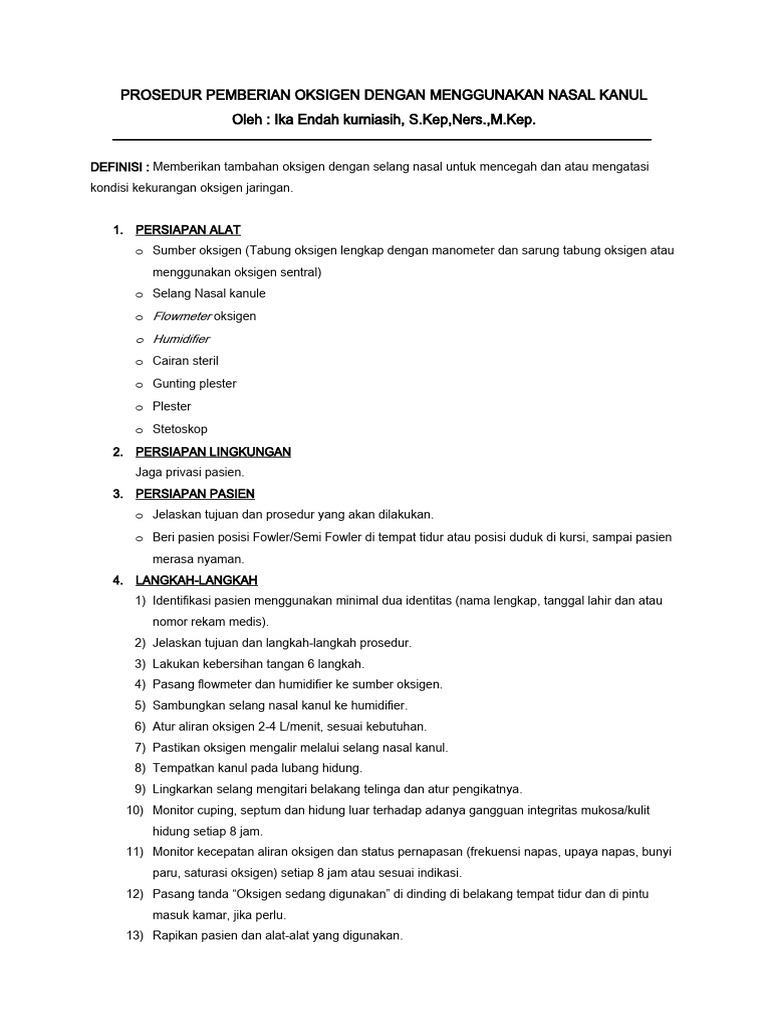 Prosedur Pemberian Oksigen Dengan Menggunakan Nasal Kanul | PDF