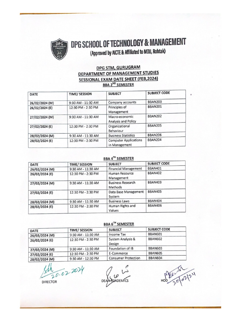 BBAMBA Sessional Date Sheet Feb 2024 | PDF