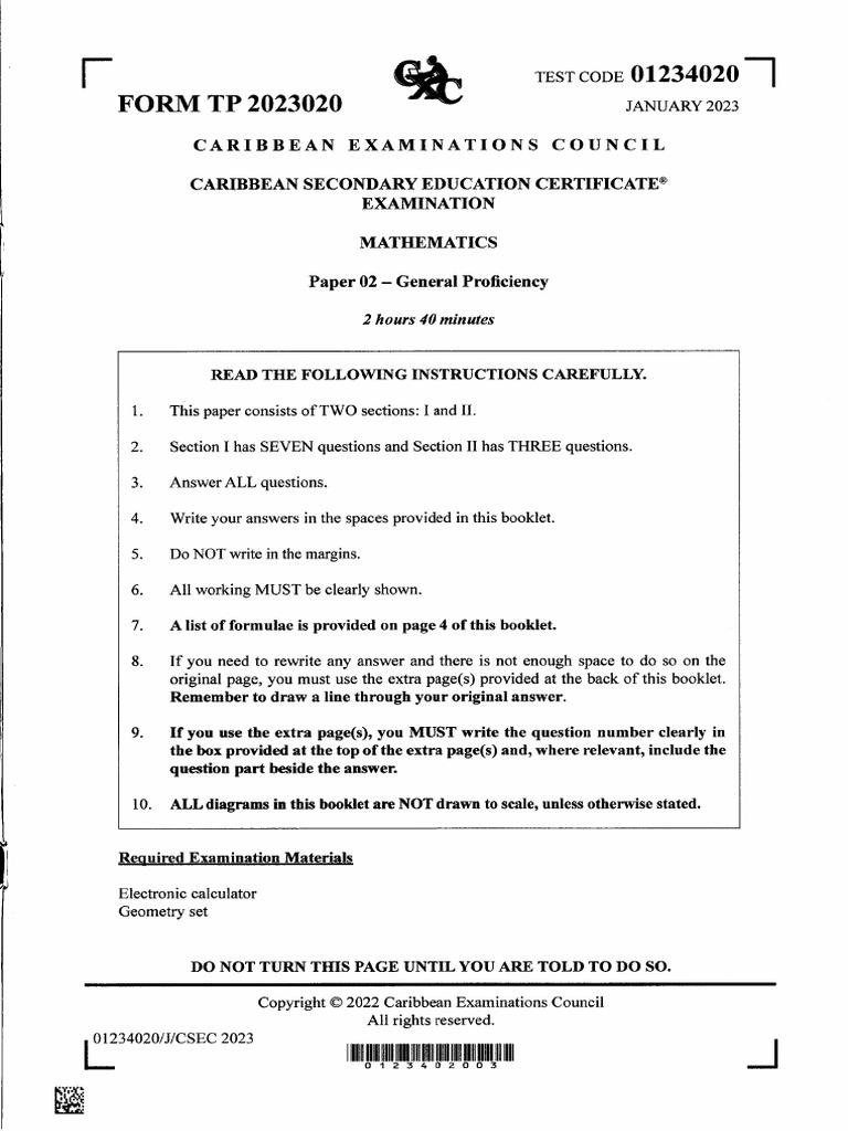 Csec Mathematics Paper 2 January 2023 | PDF