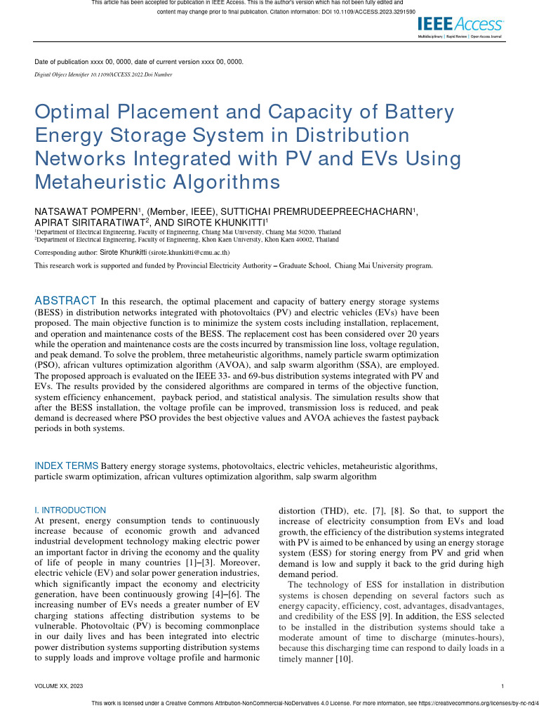 Optimal Placement and Capacity of Battery Energy Storage System in Distribution Networks ...