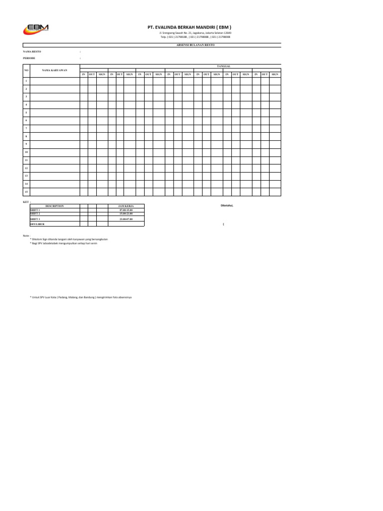 Format Absensi Karyawan Restoran | PDF