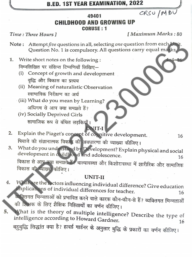 B.ED 1st Year MDU CRSU Question Paper 2022 | PDF | Educational Technology | Cognition