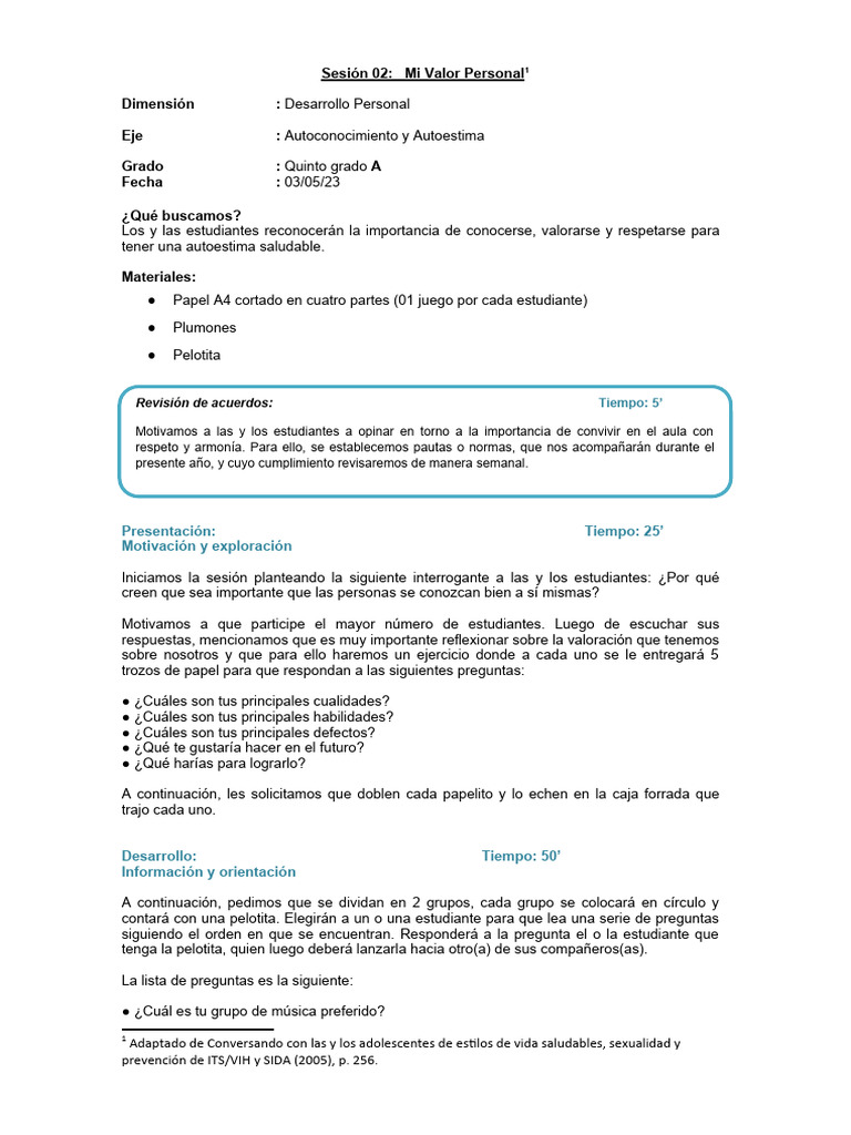 SESIÓN 02 MI VALOR PERSONAL | PDF | Autoestima