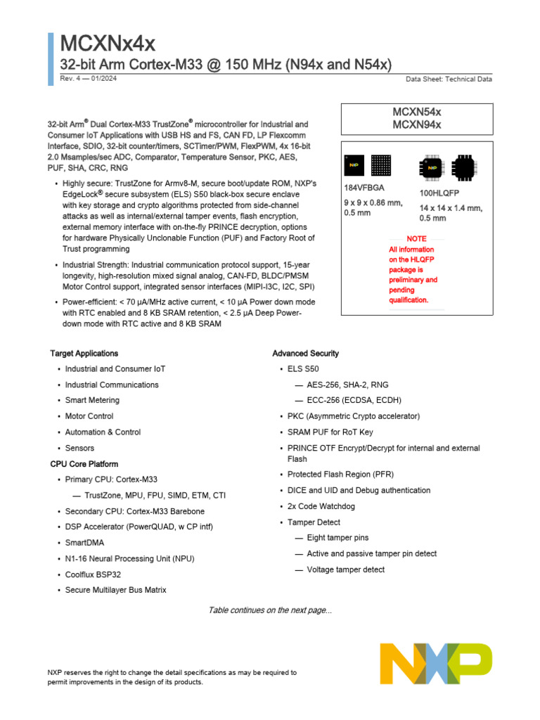 Mcxnx4X: 32-Bit Arm Cortex-M33 at 150 MHZ (N94X and N54X) | PDF | Computer Engineering | Computing