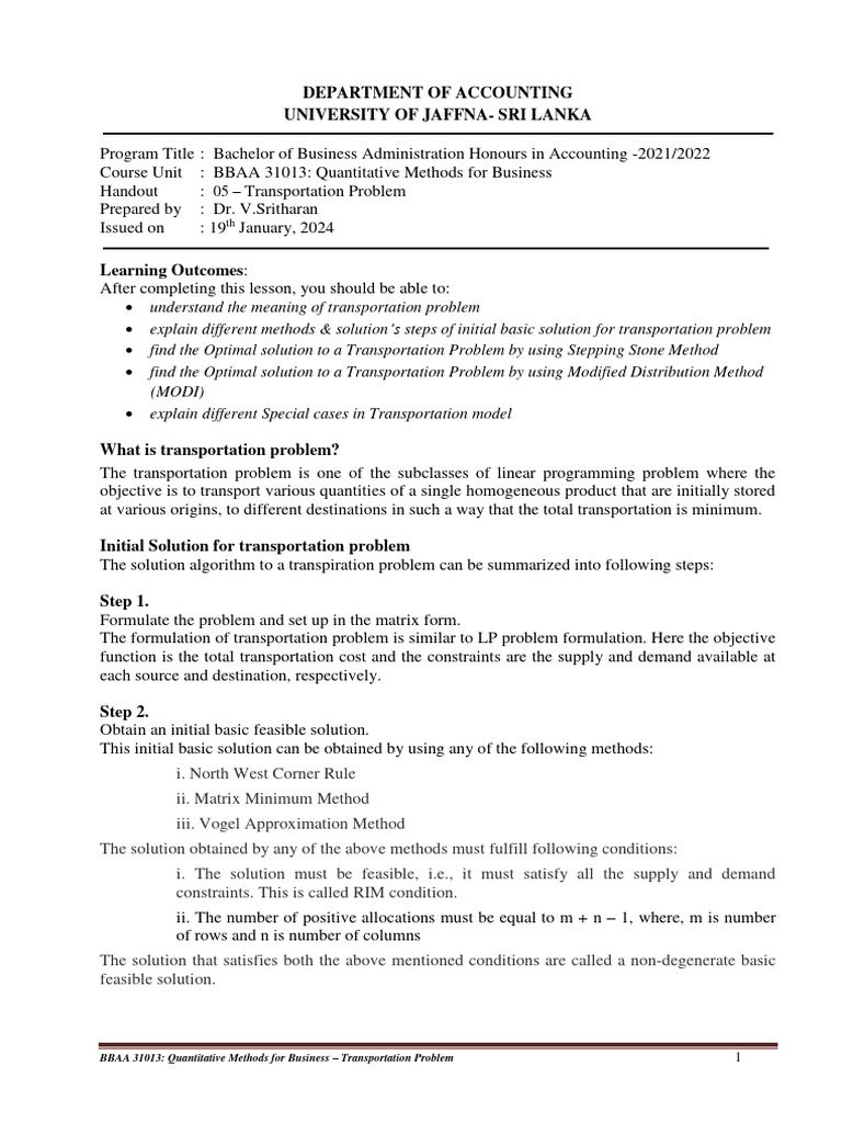 Handout 05 - Transportation Models | PDF | Mathematical Optimization ...