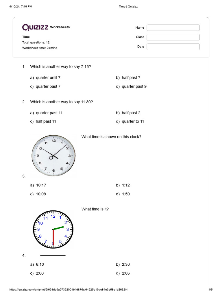 Time Worksheet Quiz - 12 Questions | PDF