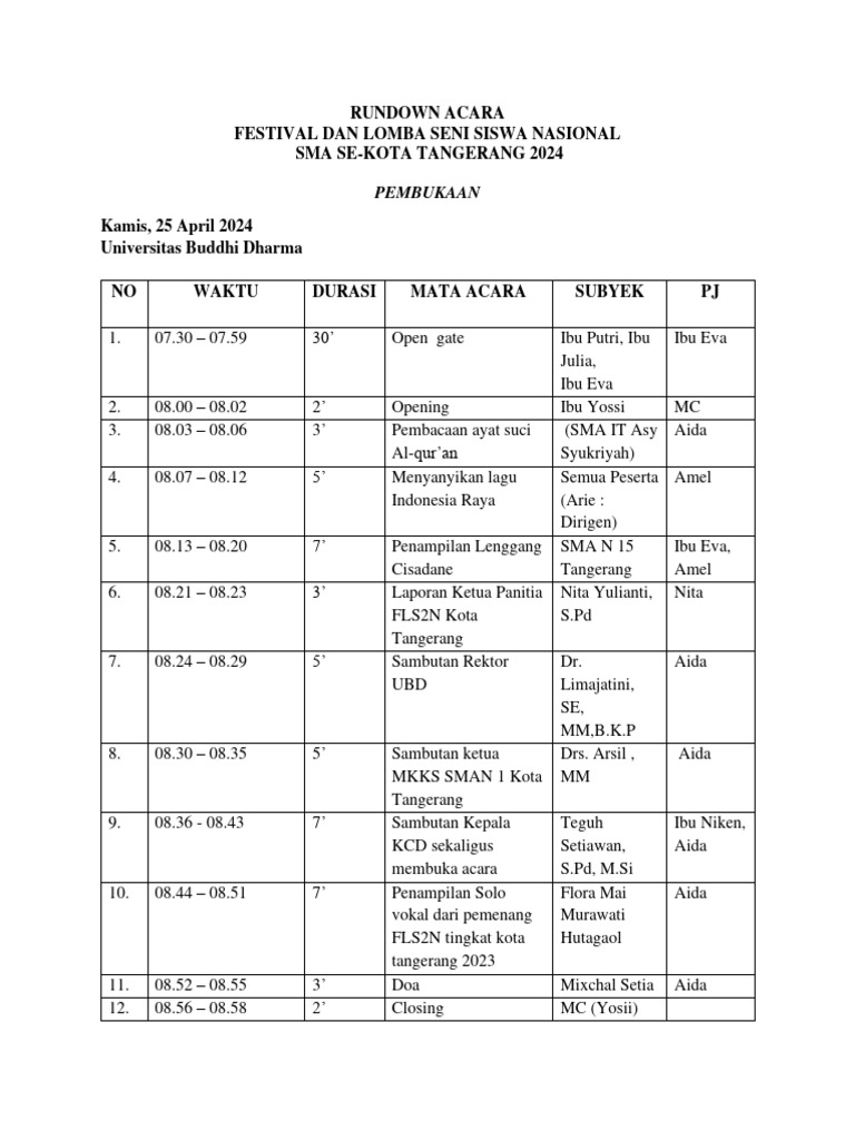 RUNDOWN ACARA FLS2N SMA KOTA TANGERANG Fix | PDF