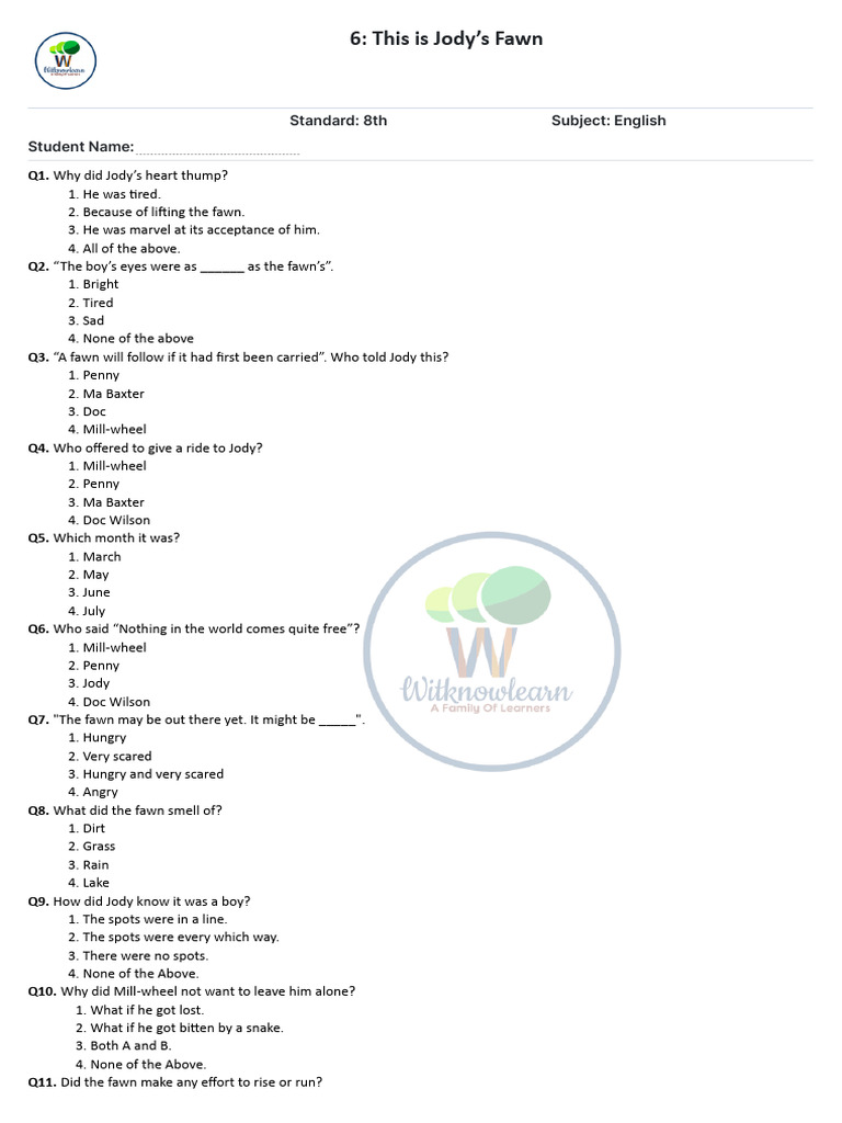 Jody's Fawn: Class 8 Q&A Guide | PDF | Verb | Grammar