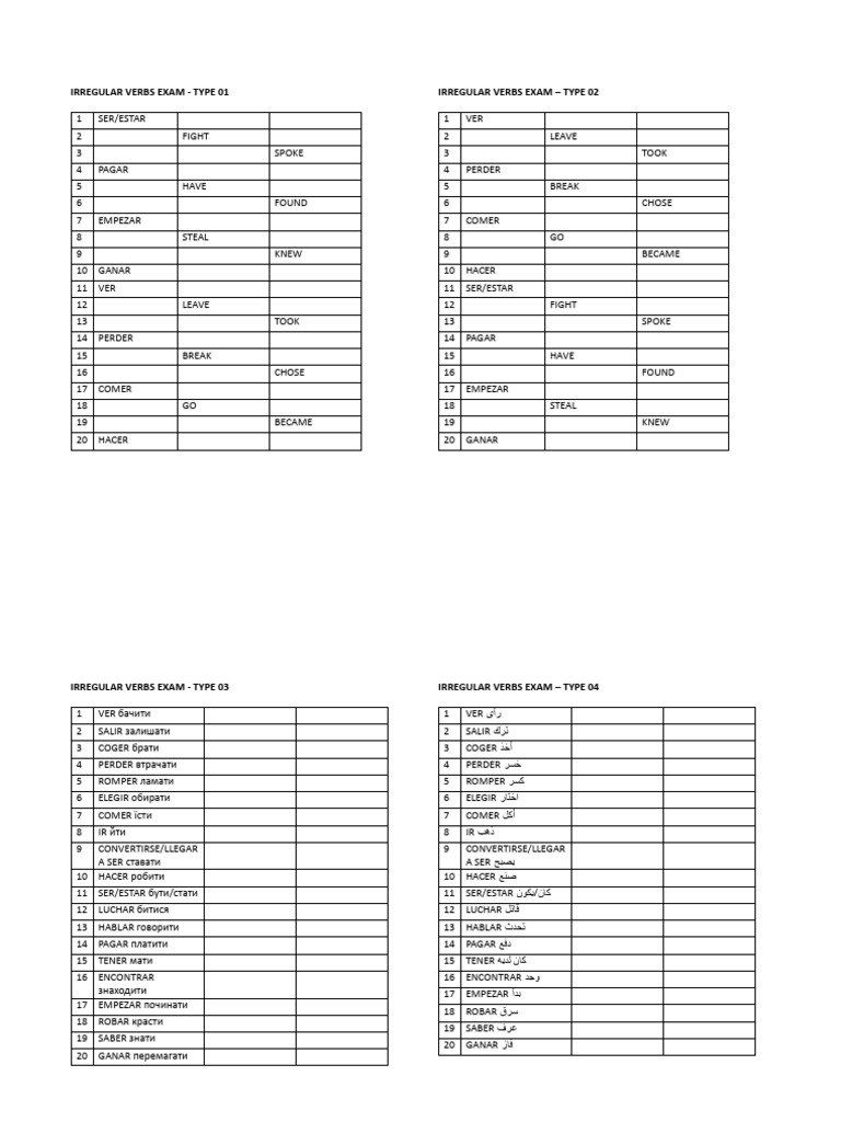 Irregular Verbs Exam | PDF