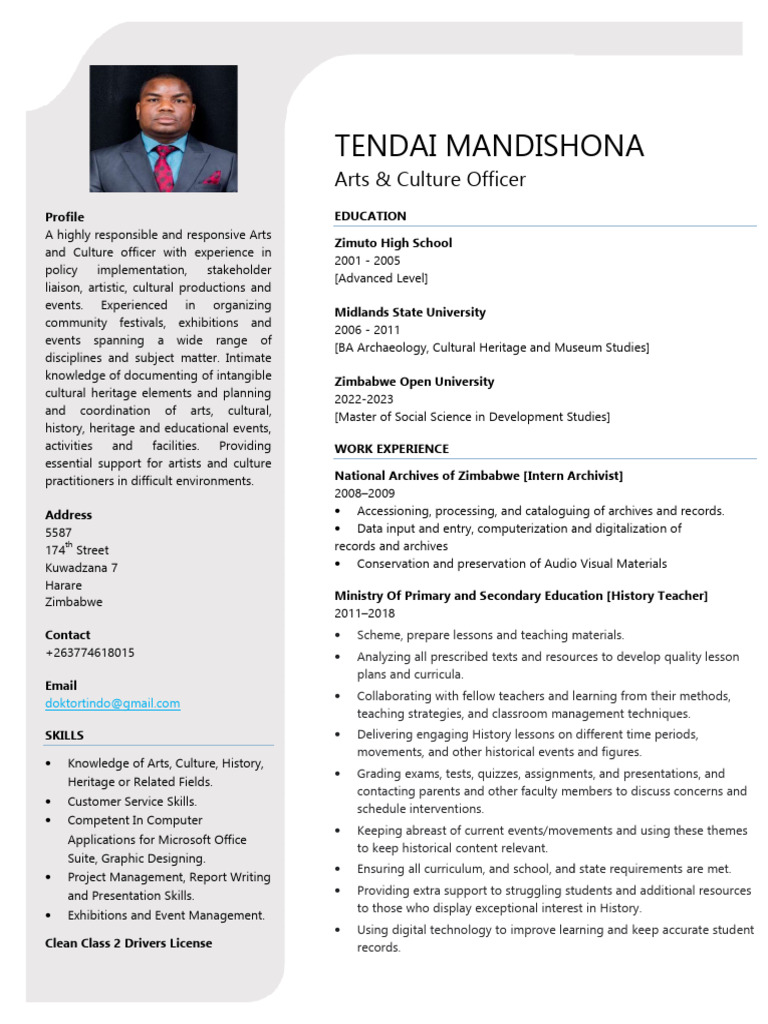T Mandishona Arts and Culture CV 2024 | PDF | Teachers | Cultural Heritage