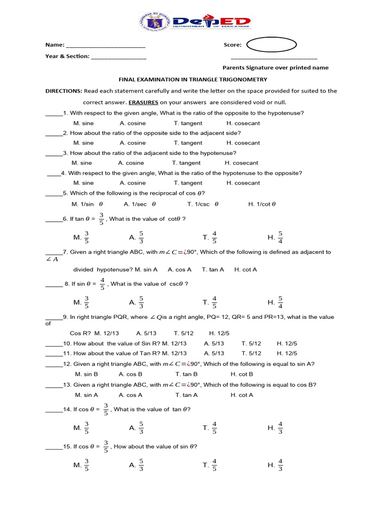 Final Examination in Triangle Trigonometry | PDF | Trigonometric Functions | Trigonometry