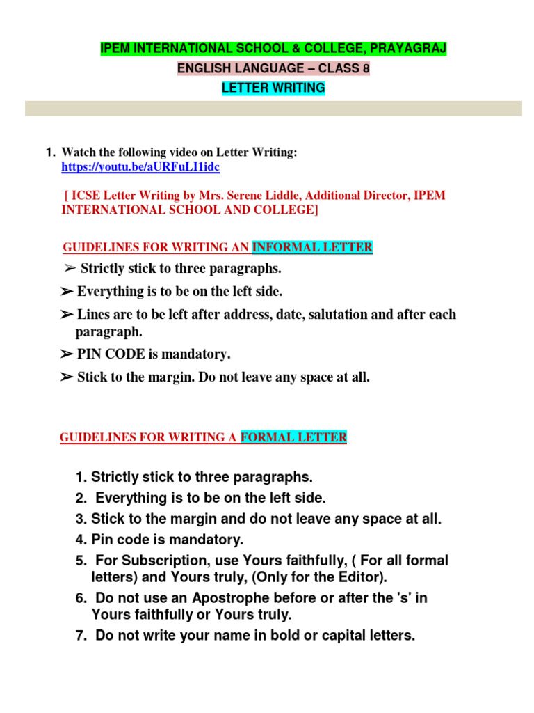 Letter Writing Guide for Class 8 | PDF