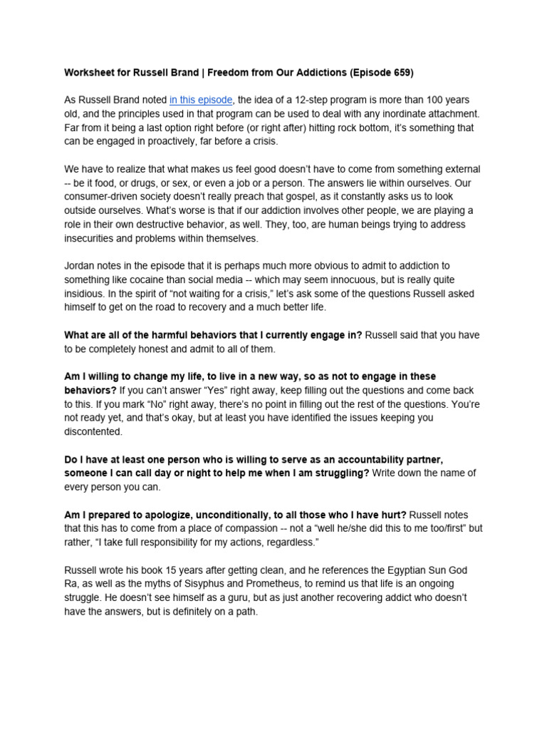 Worksheet For Russell Brand Freedom From Our Addictions Episode 659 | PDF
