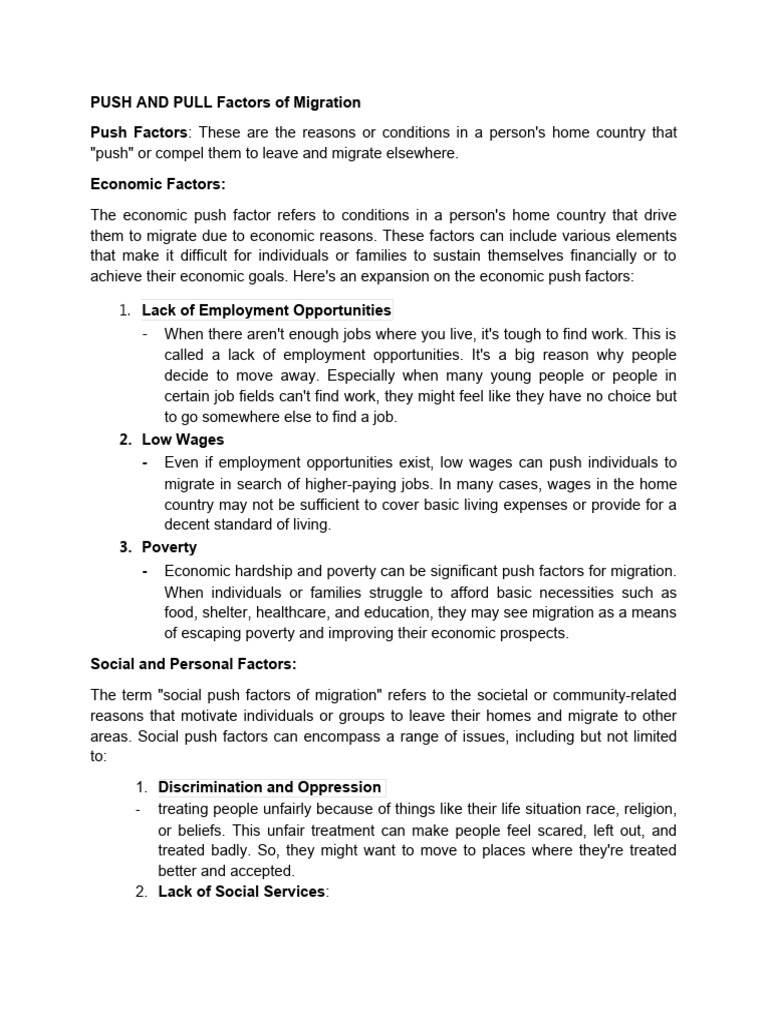 PUSH AND PULL Factors of Migration Ambot | PDF | Human Migration | Poverty