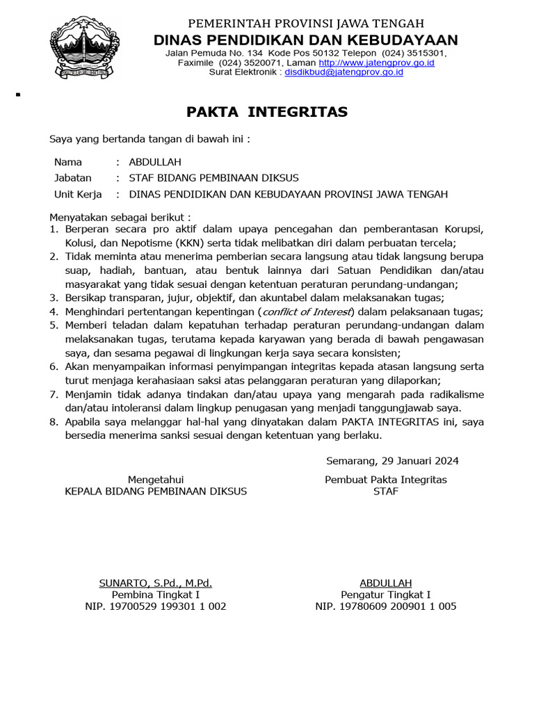 Contoh Format Pakta Integritas | PDF | Karier & Perkembangan | Kesehatan Holistik