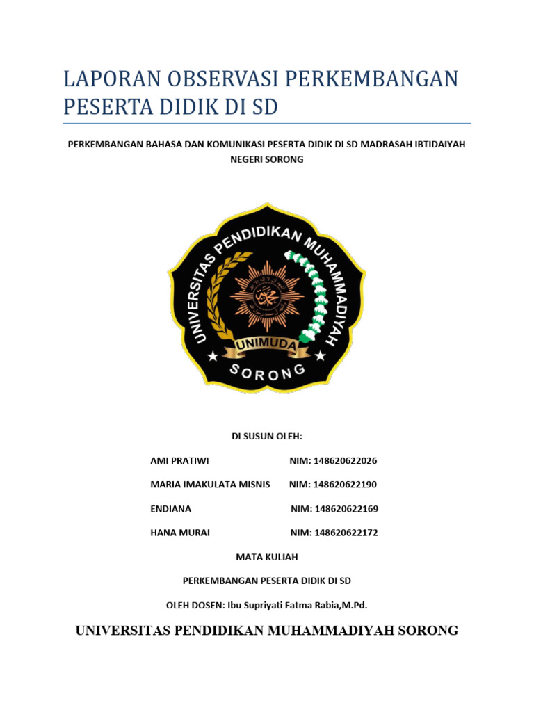Laporan Observasi Perkembangan Peserta Didik Di SD | PDF