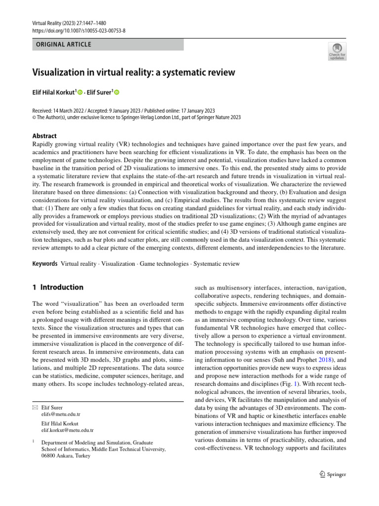 Visualization in Virtual Reality: A Systematic Review: Elif Hilal Korkut Elif Surer | PDF ...