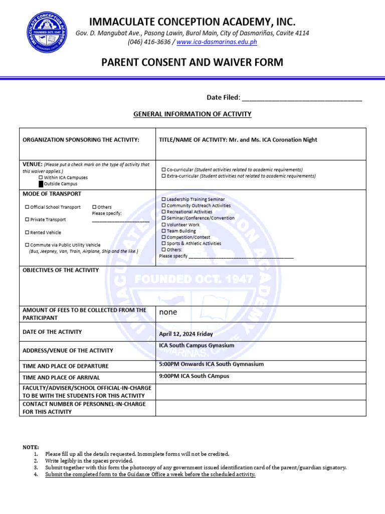ICA Parents Consent and Waiver Form 1 MRMSICA24 | PDF | Transport