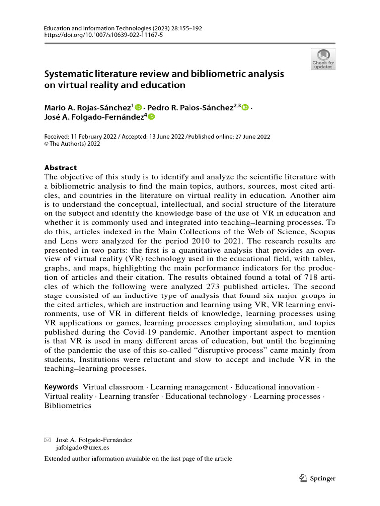 Systematic Literature Review and Bibliometric Analysis On Virtual Reality and Education | PDF ...