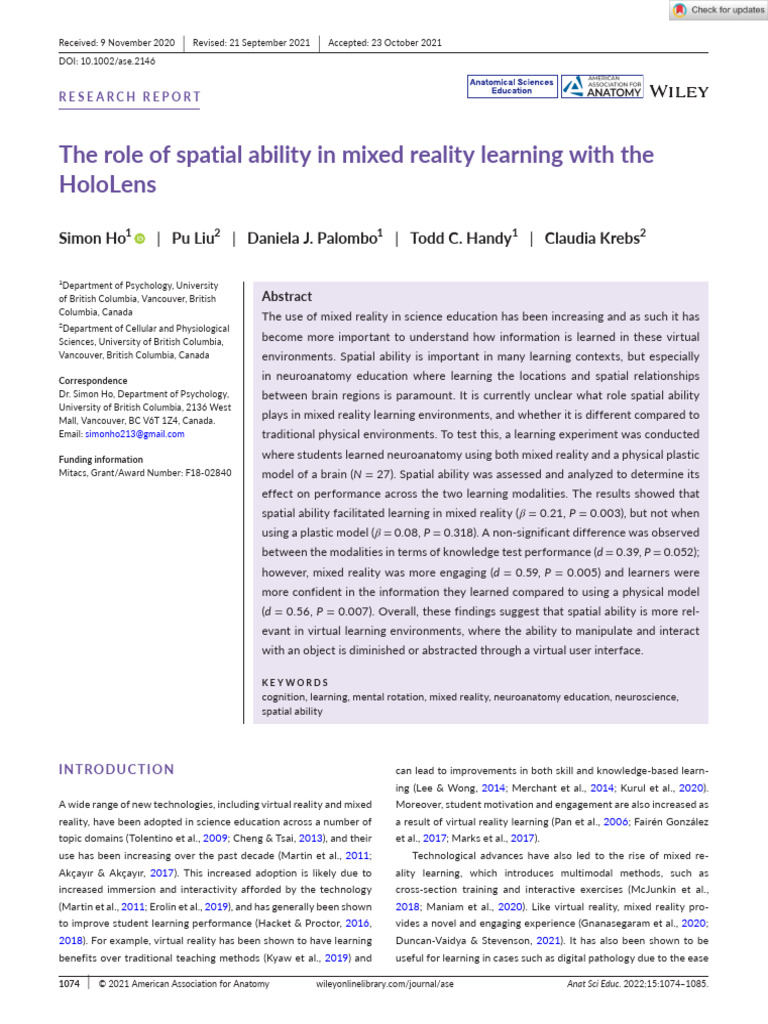 The role of spatial ability in mixed reality learning with the Hololens ...