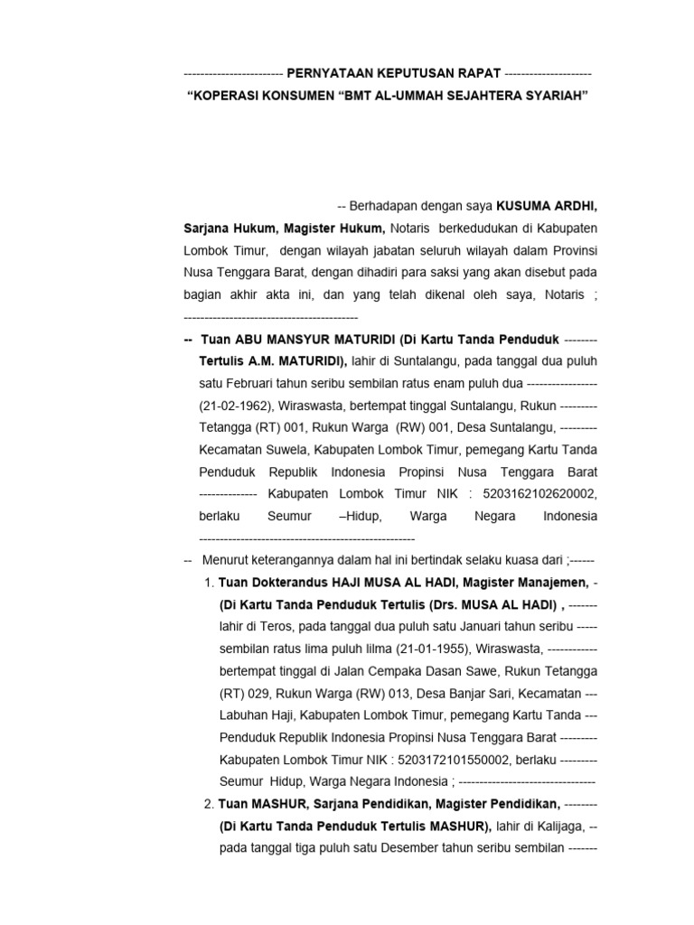 Akta PKR Koperasi Konsumen BMT Al Ummah Sejahtera Syariah | PDF