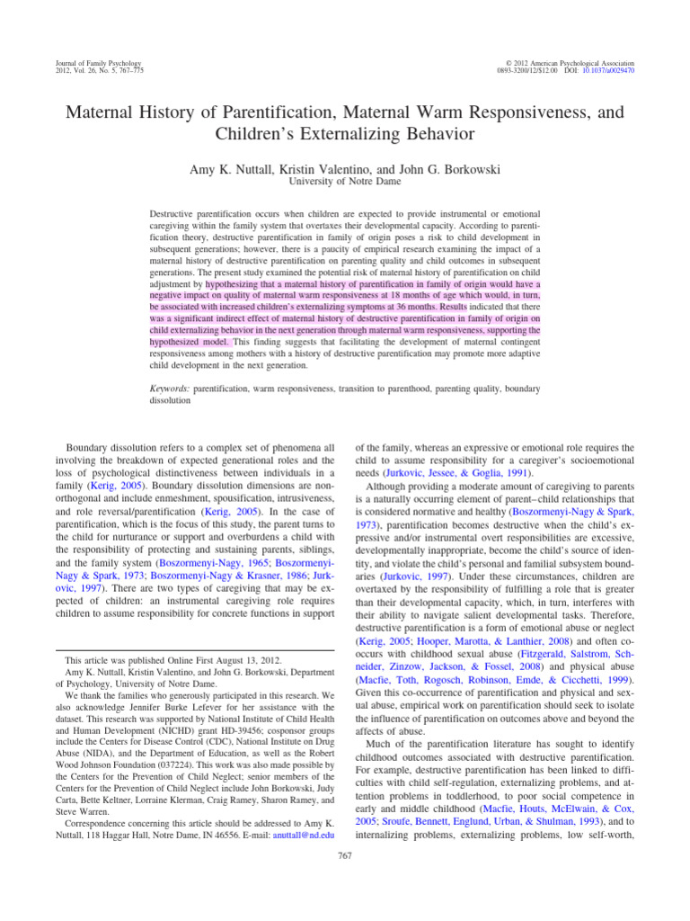 Maternal History of Parentification, Maternal Warm Responsiveness, and ...