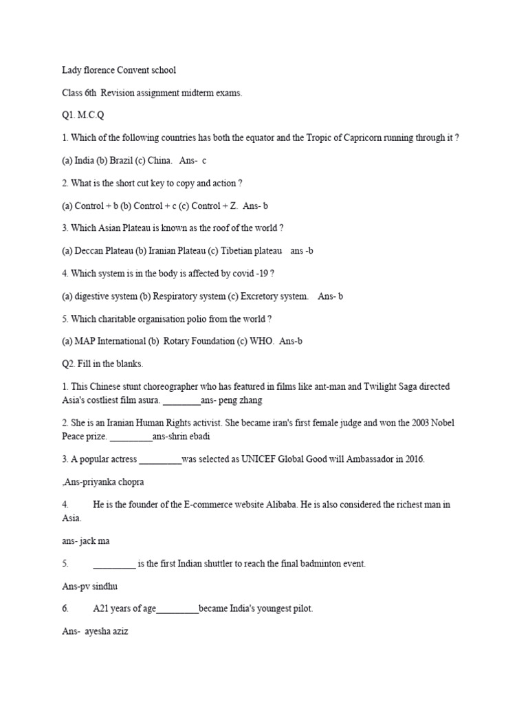 Class 6 Midterm Revision Assignment | PDF