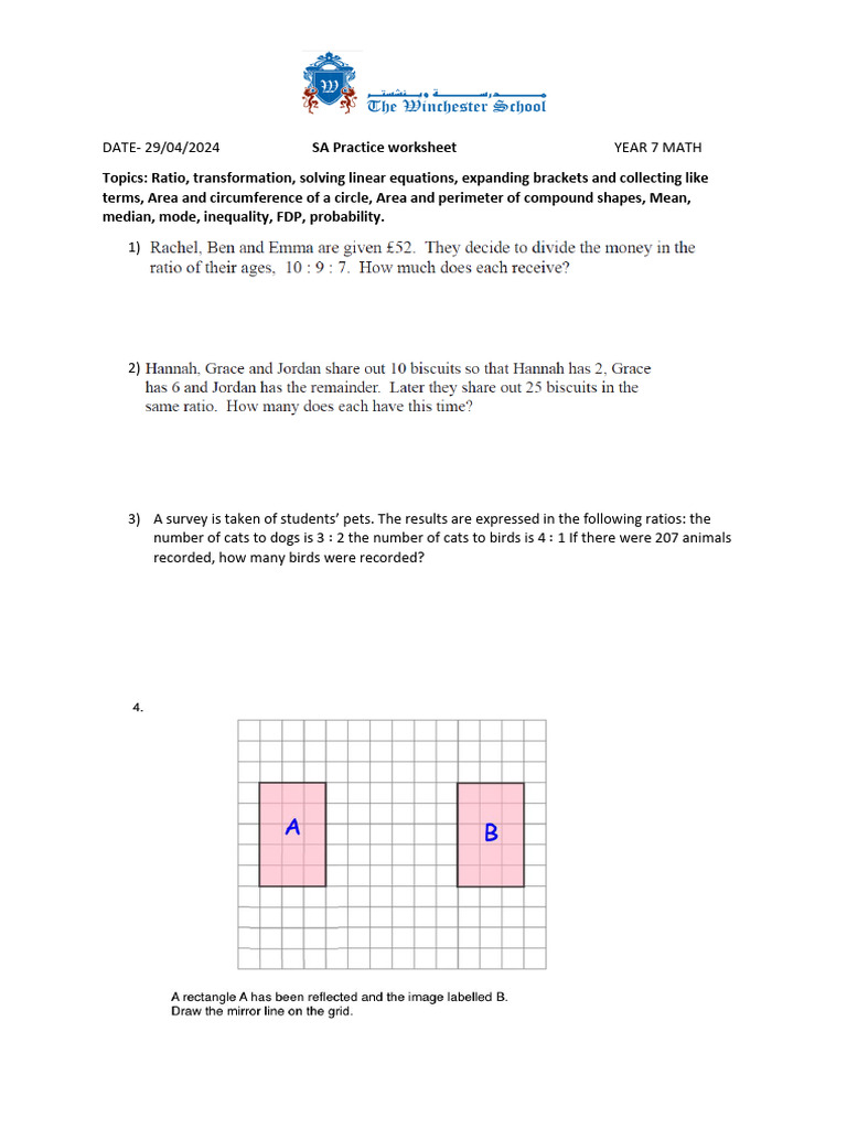 29th April-Y7 Term3 Revision Worksheet QP | PDF